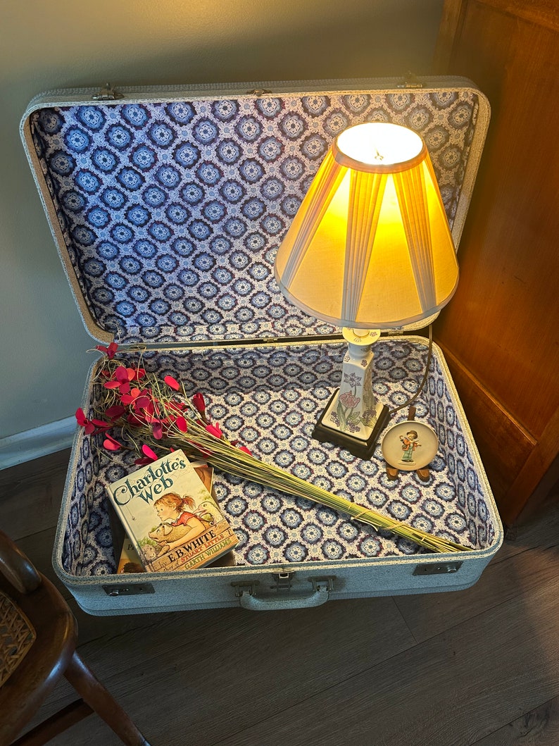 Vintage Upcycled Gray Suitcase End Table, Decor Table, Ottoman With ...