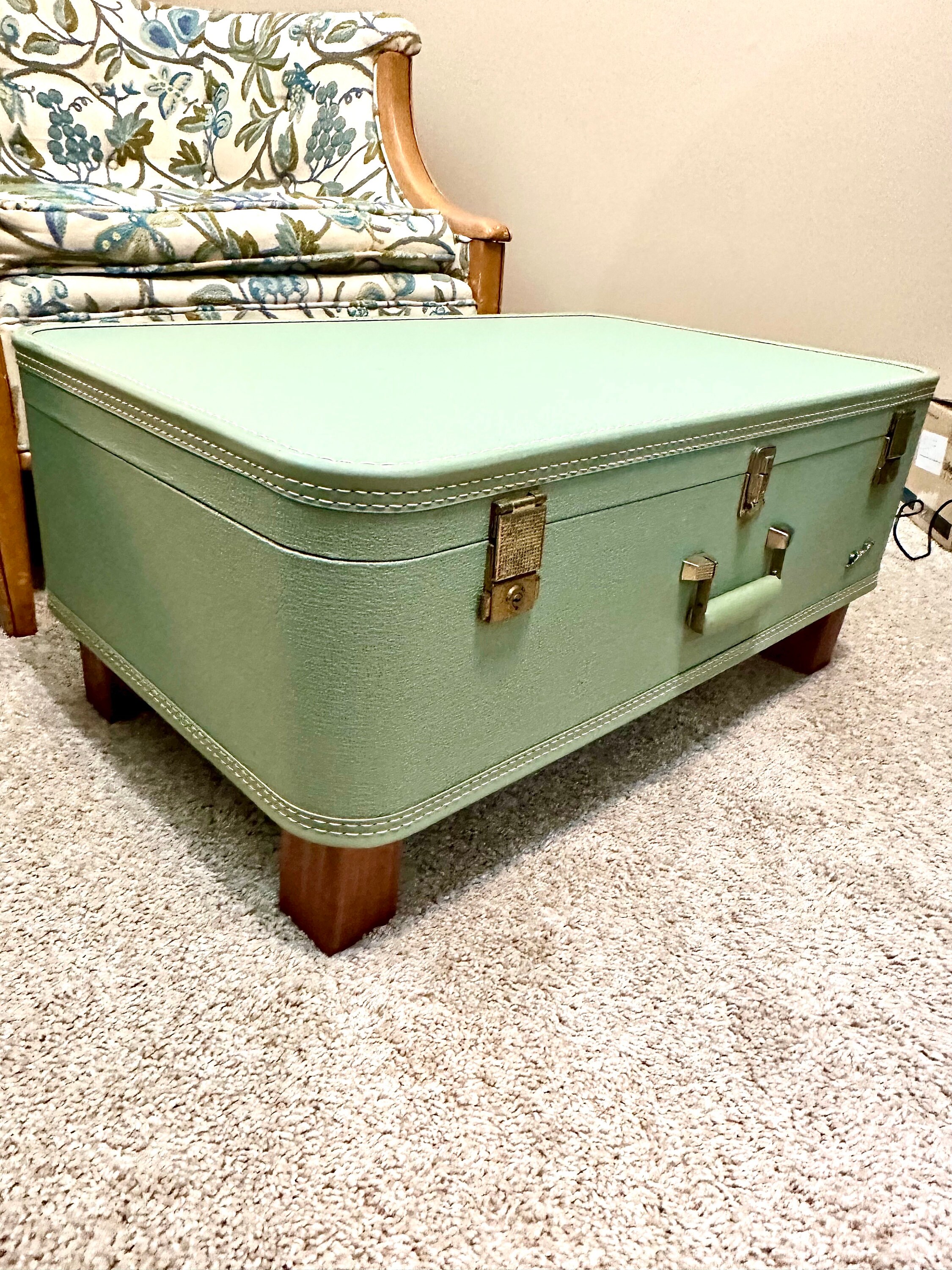 Vintage Upcycled Suitcase Ottoman, End Table, Green Exterior, Beige and ...