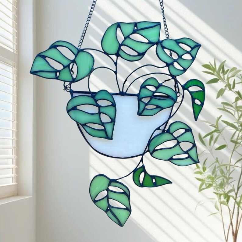 Monstera Plant Stained Glass Hanging Window Home Decor Green Leaves ...