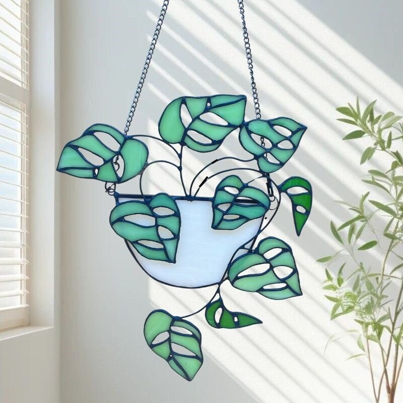 Monstera Plant Stained Glass Hanging Window Home Decor Green Leaves ...
