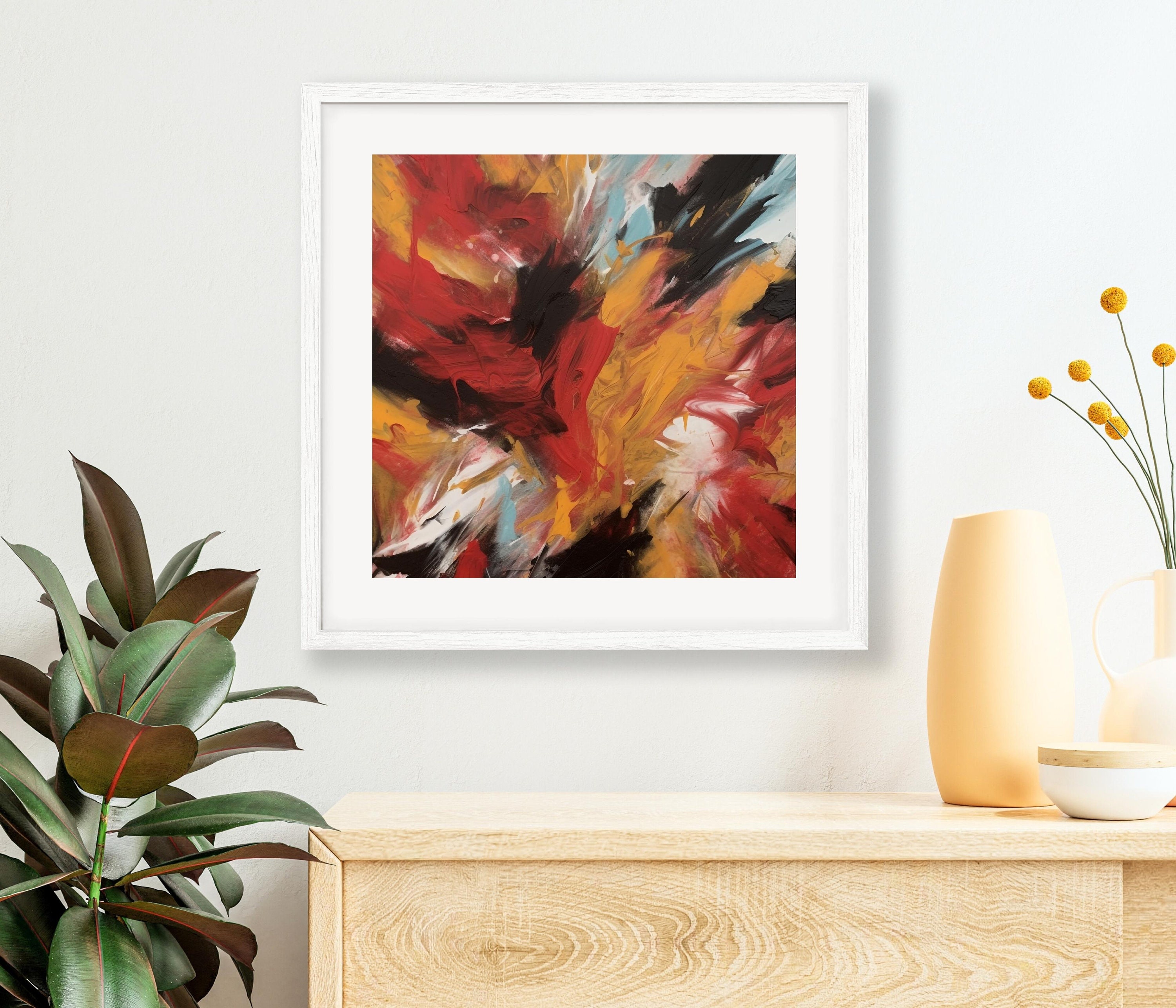 Red and Gold Brush Wall Art for Living Room Decor, Minimalist Red and ...