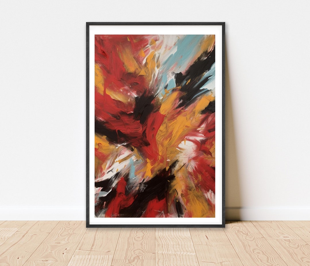 Red and Gold Brush Wall Art for Living Room Decor, Minimalist Red and ...