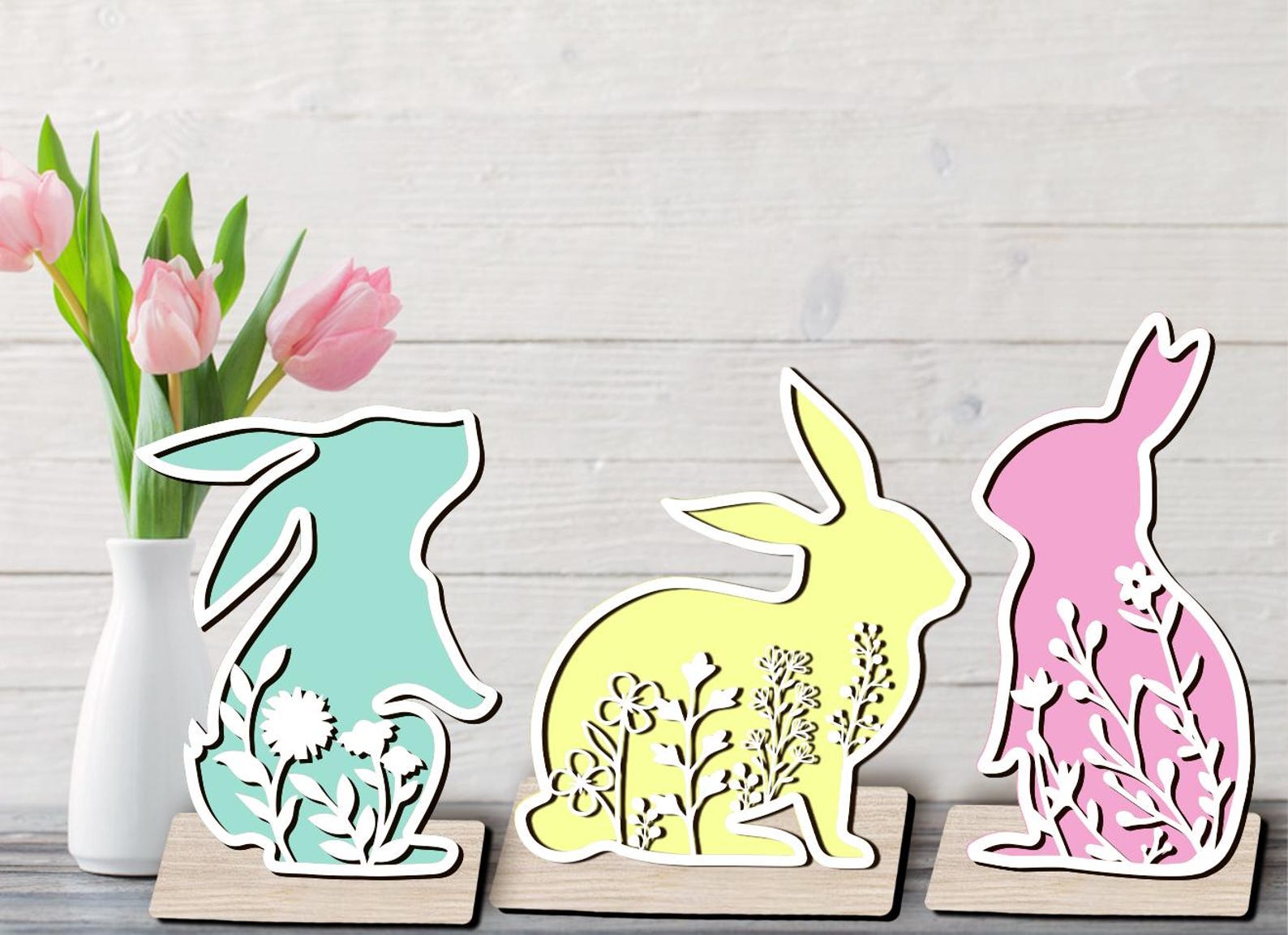 Floral Bunnies SVG Laser Cut, Standing Bunnies SVG File, Easter Day Svg ...