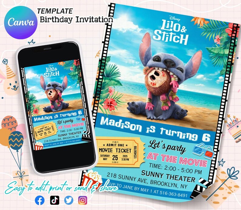 Editable Lilo and Stitch Movie Ticket Birthday Party Invitation, Stitch ...
