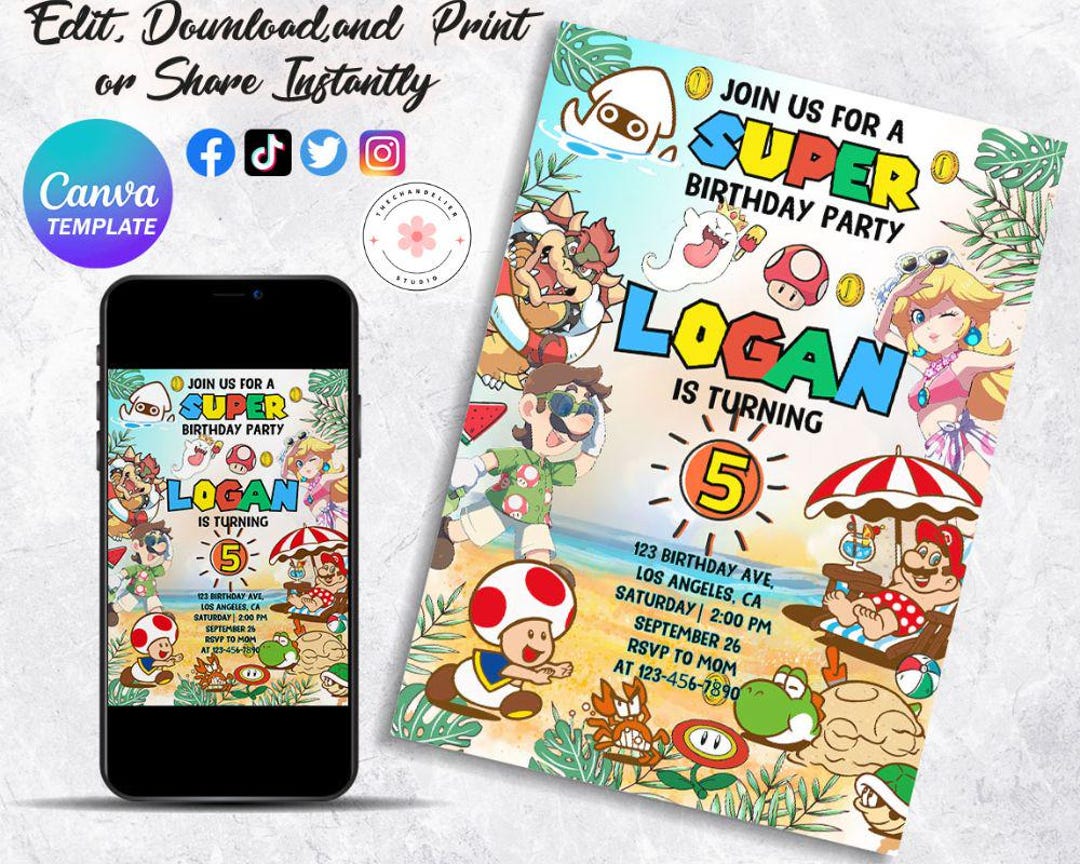 Editable Mario Bros Invitation, Super Mario Birthday Invitation ...