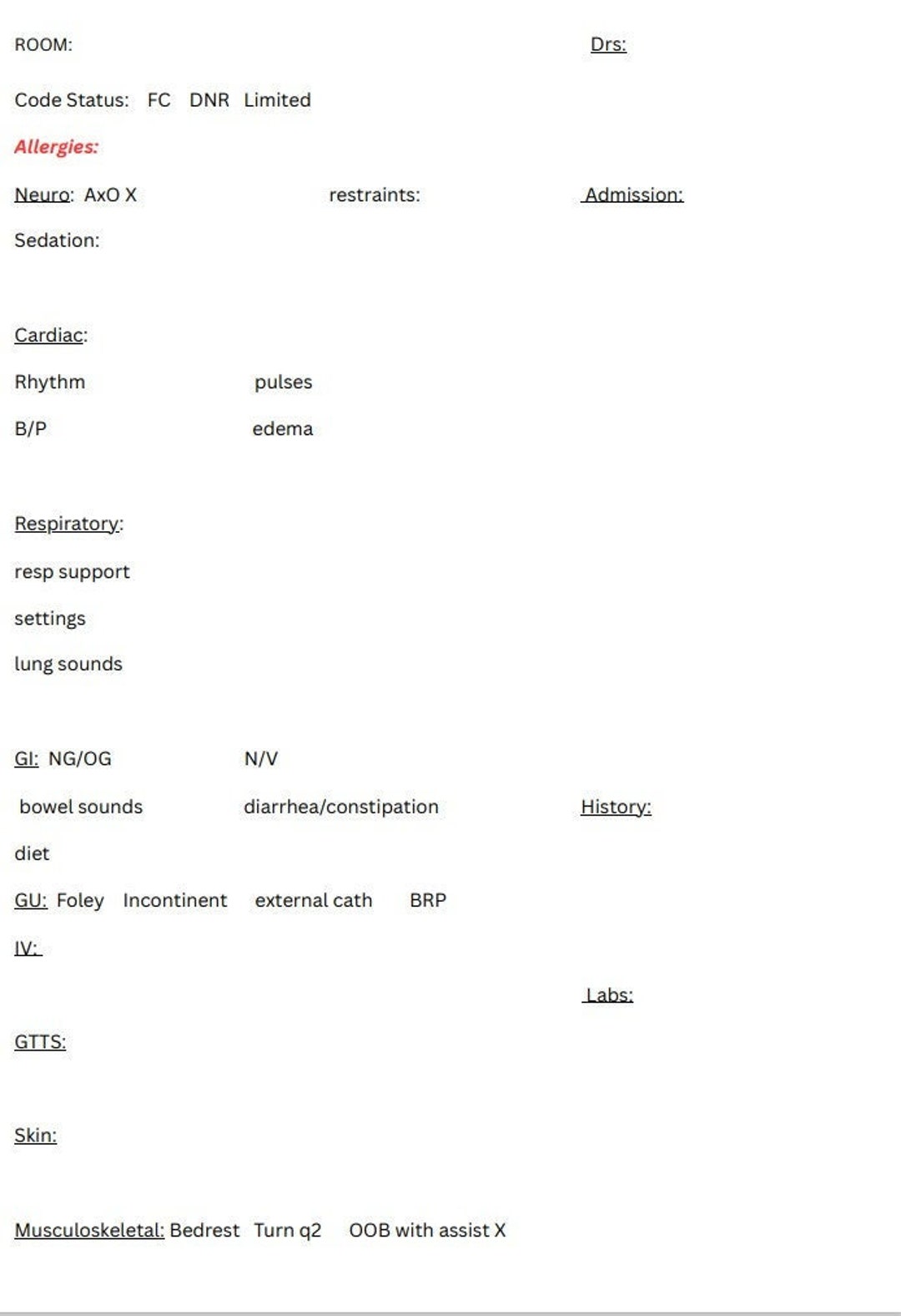 ICU Single Patient Report Sheet - Etsy