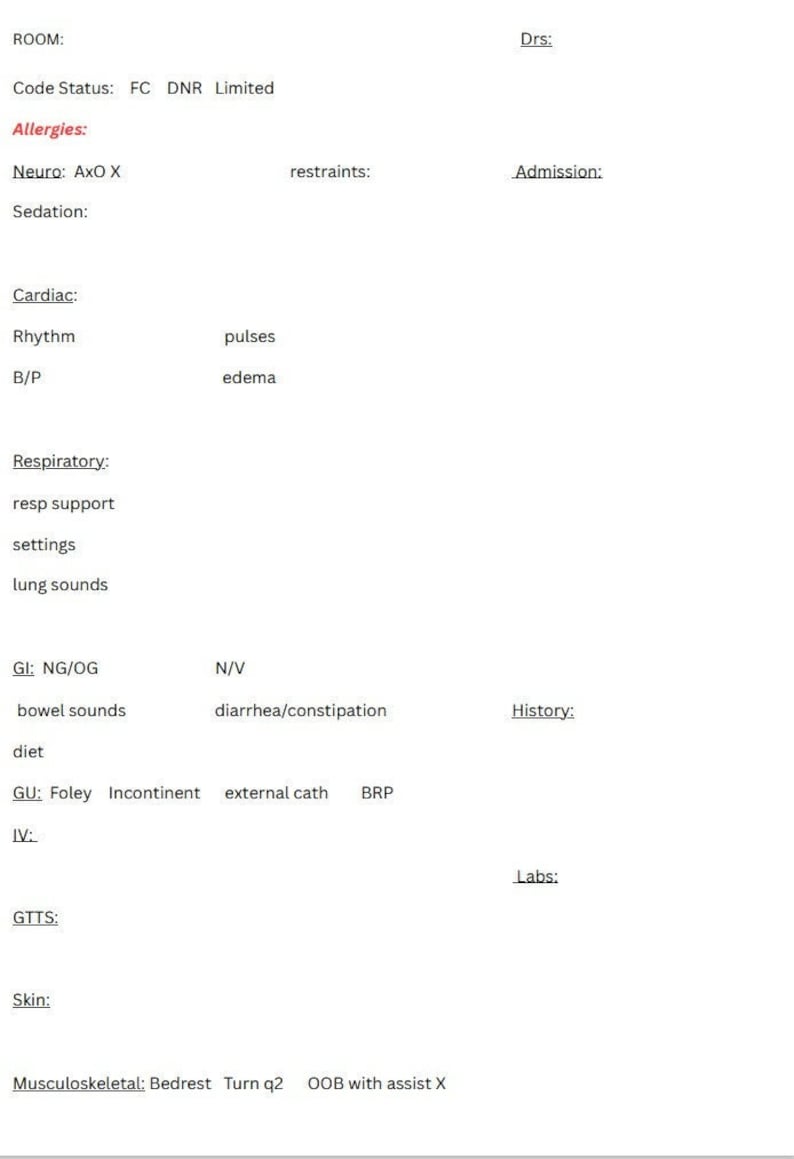 ICU Single Patient Report Sheet - Etsy