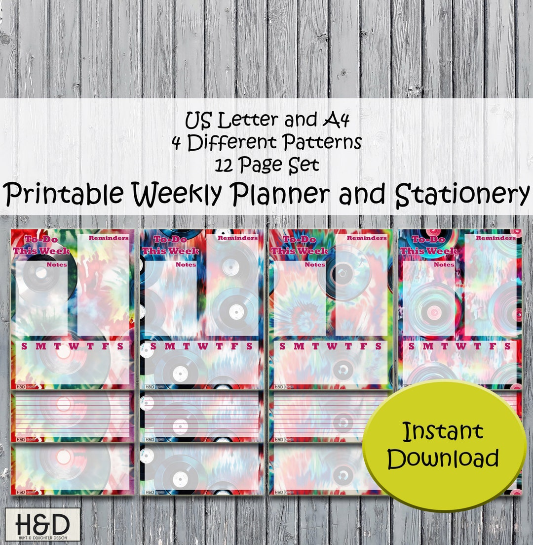 Tie Dye and Vinyl Themed Weekly Planner and Stationery Digital Download ...