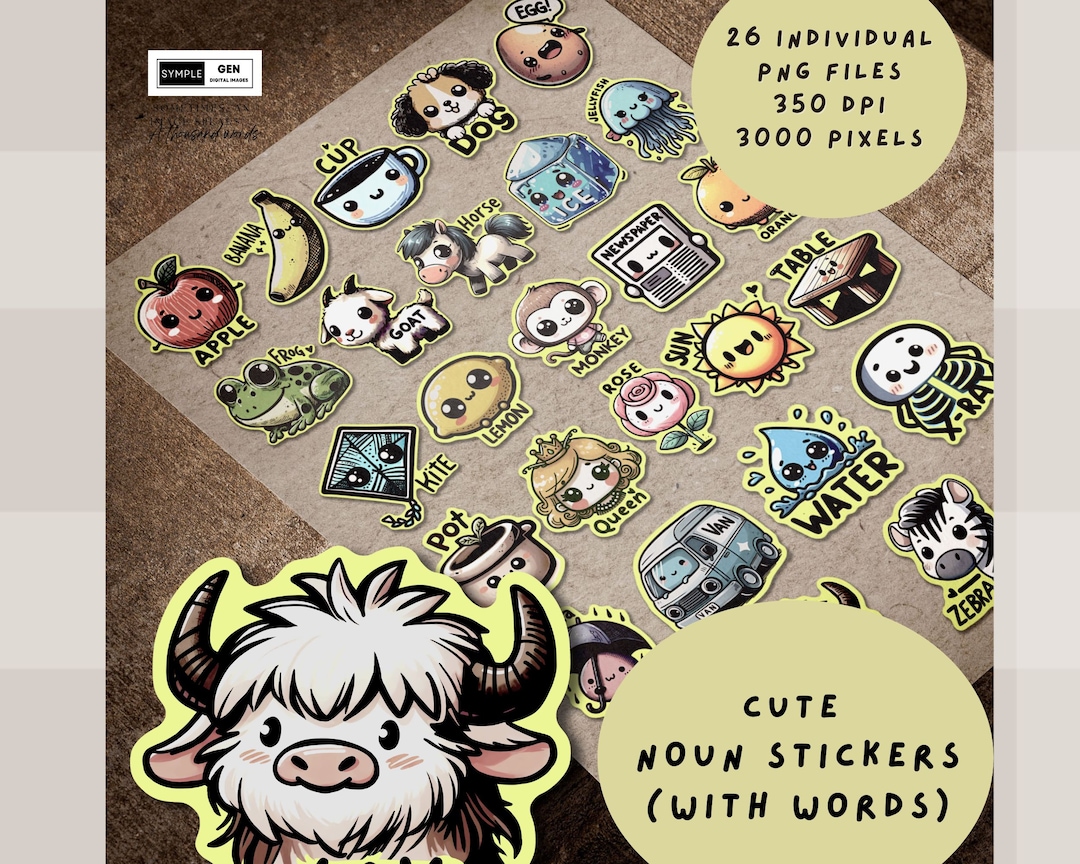 26 Cute Noun Stickers With Words | Educational Stickers I 350 DPI | PNG ...
