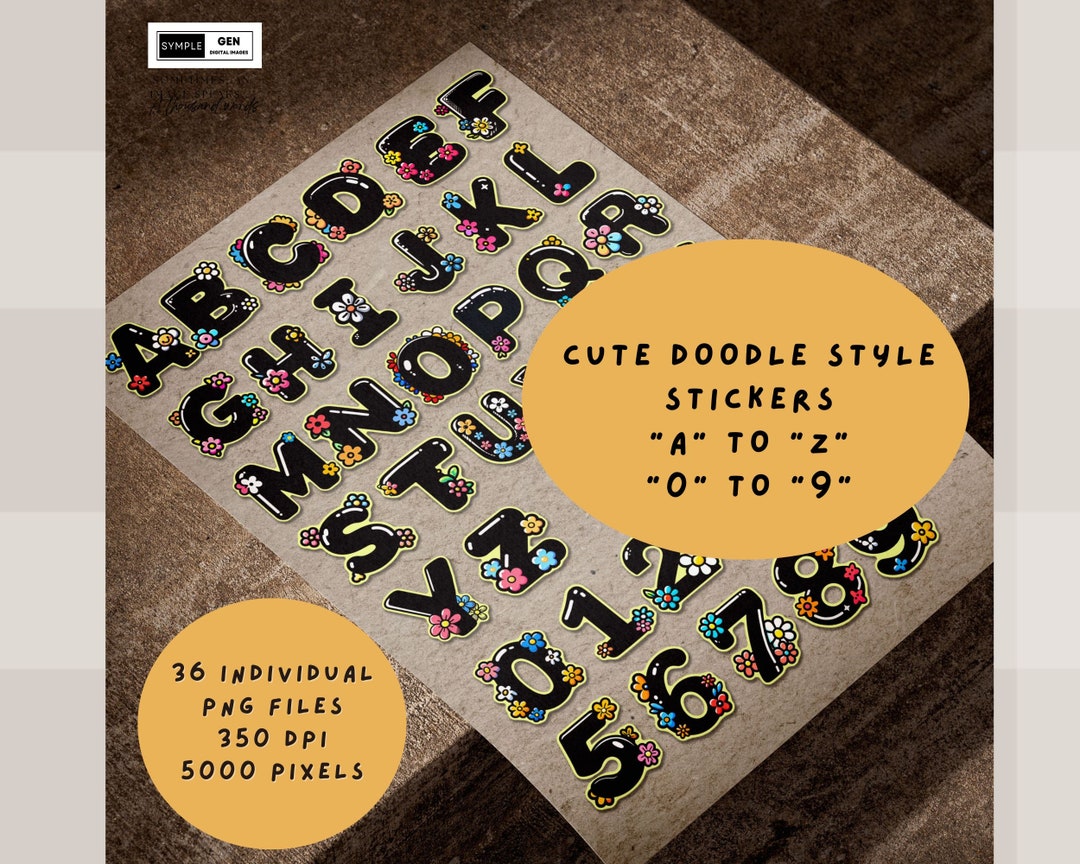 36 Cute Doodle Style Stickers | A-Z With Flowers I 0-9 With Flowers ...