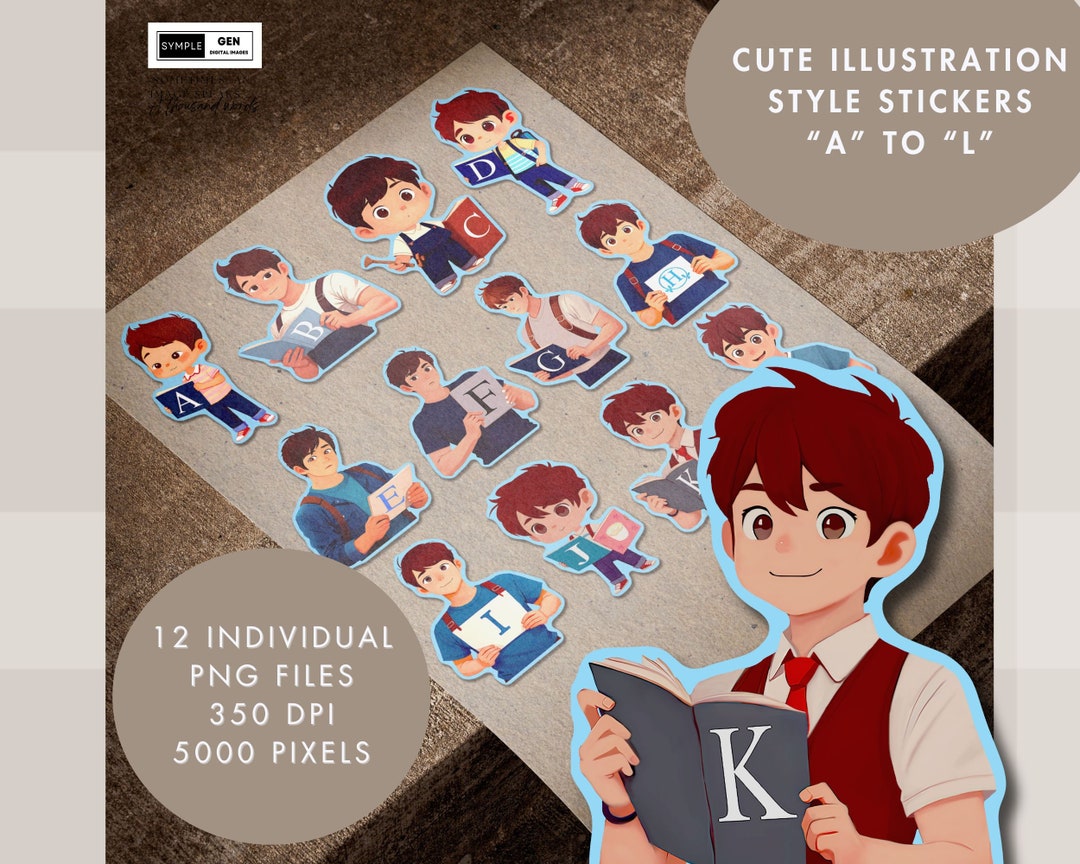 12 Cute Illustration Style Stickers | Cute Males With Alphabet I 350 ...