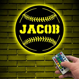 Baseball Metal Wall Art With LED, Custom Baseball Ball Monogram Sign ...