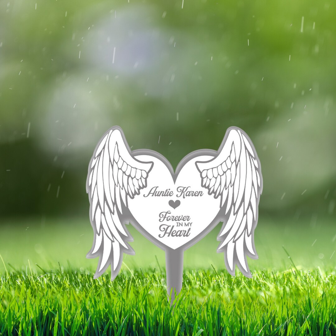 Memorial Grave Marker Custom, Heart Stake With Wings, Outdoor Grave ...