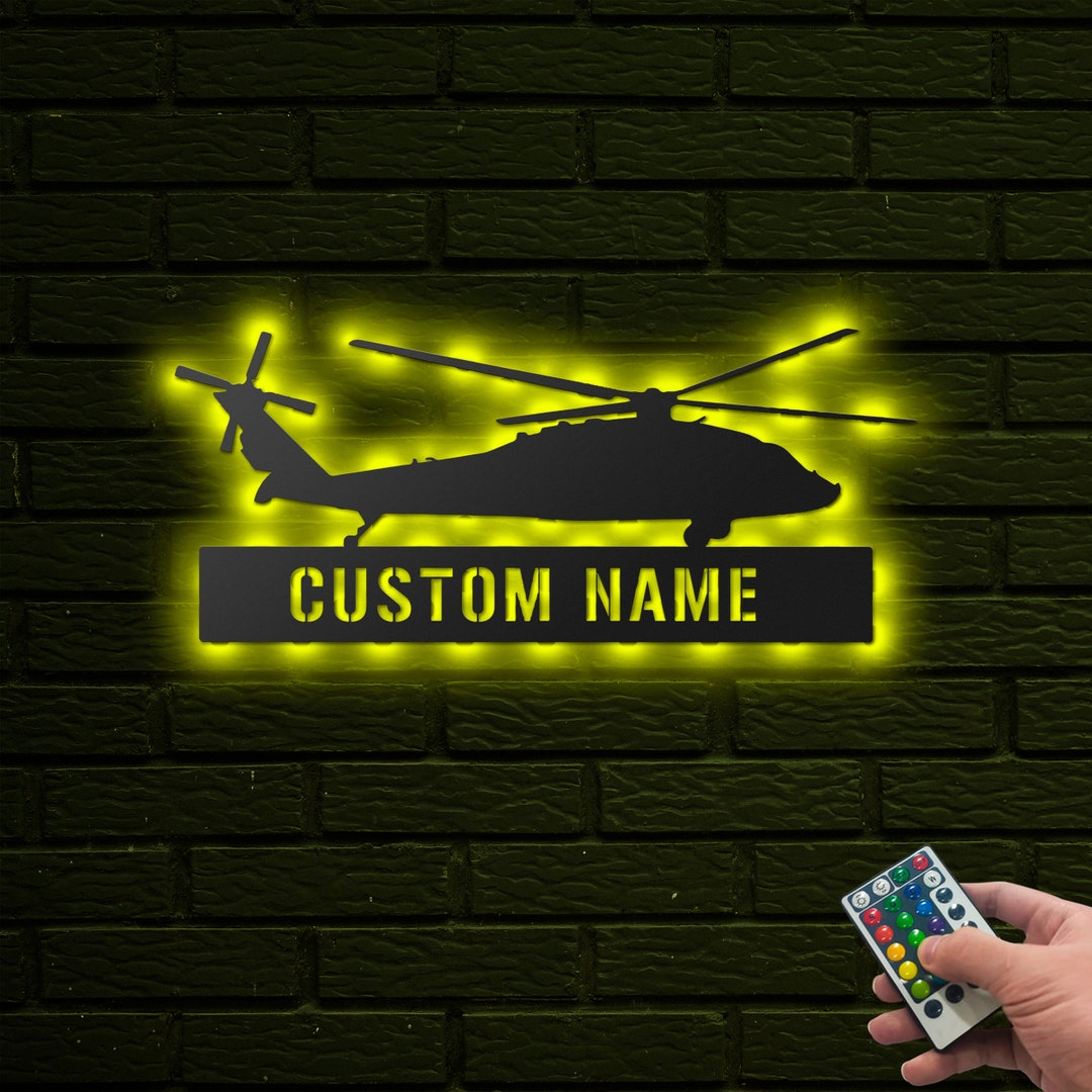 Personalized Helicopter Hangar Sign, Helicopter Metal Wall With LED ...