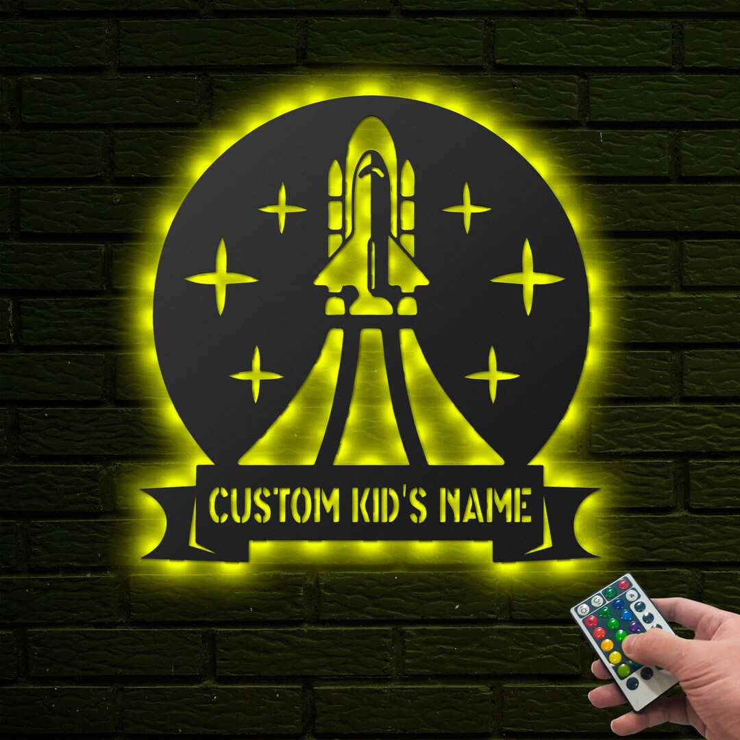 Custom Spaceship Metal Wall Art With LED Light, Rocket Custom Name Sign ...