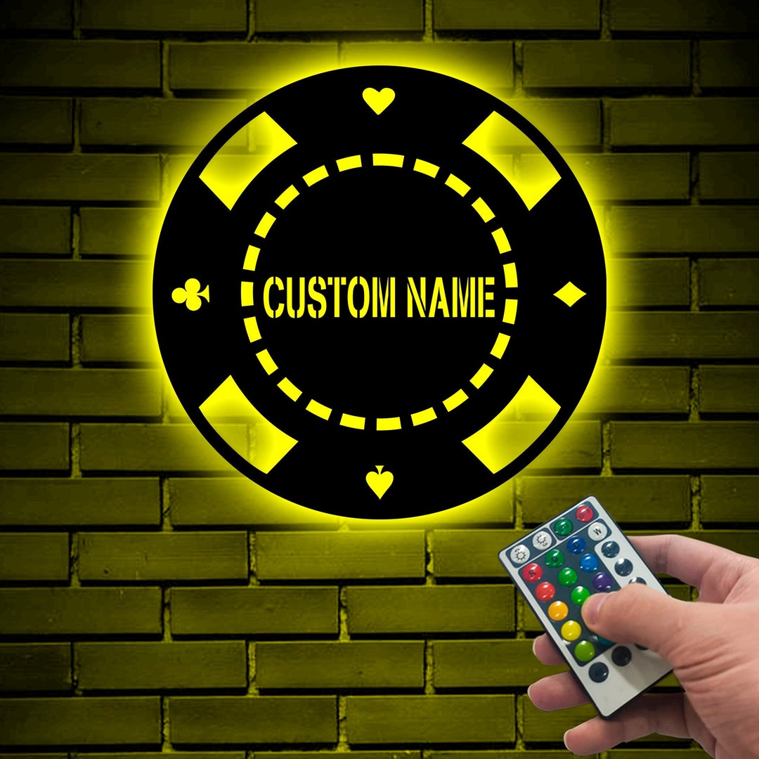 Custom Casino Chips Metal LED Sign, Gambling Dice Metal Wall Art With ...