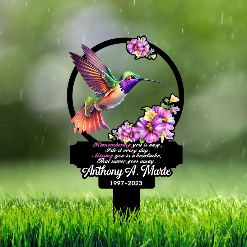 Personalized Hummingbird Grave Marker, Cemetery Memorial Plaque, Metal ...