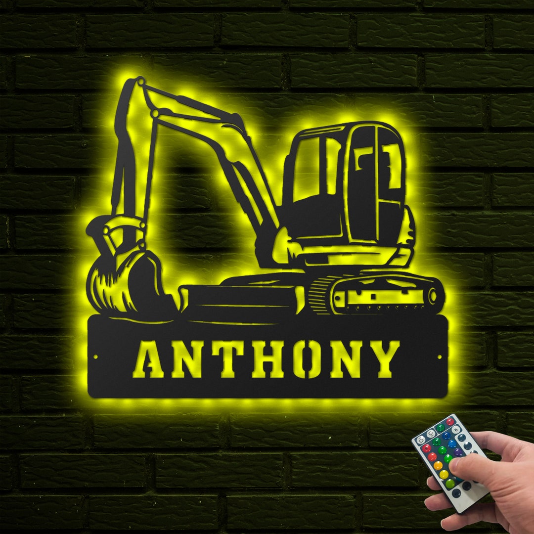 Excavator Metal Wall Sign With LED, Excavator Custom Name Sign, US ...