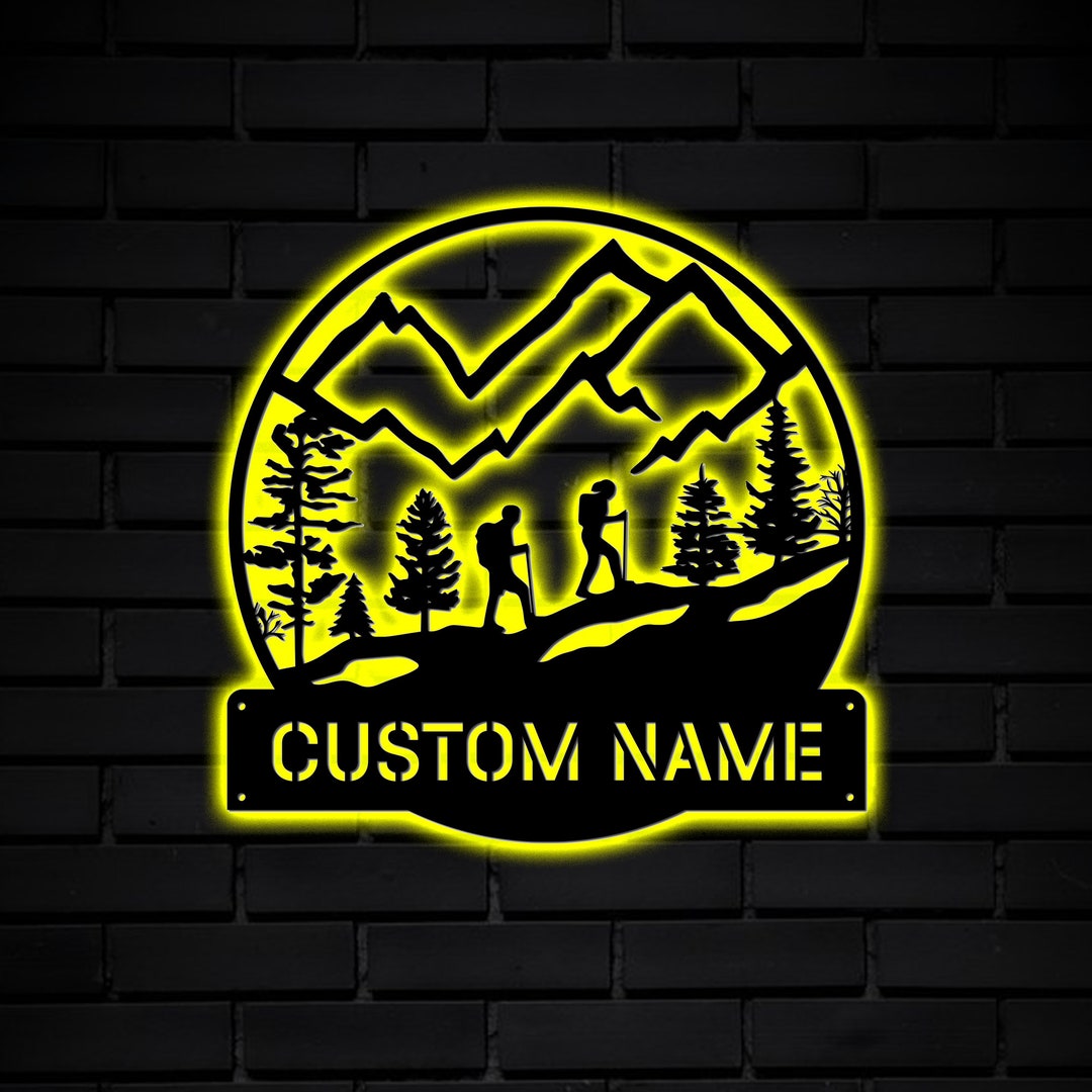Hiking Metal Wall Art With Led Lights, Hiking Moutain Sign, Cabin Sign ...