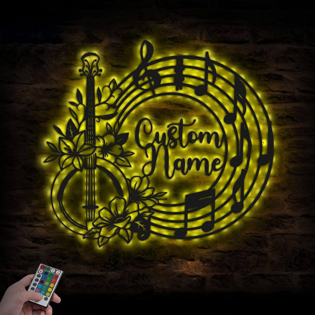 Personalized Banjo Metal Wall Art LED Light, Banjo Player Name Sign ...
