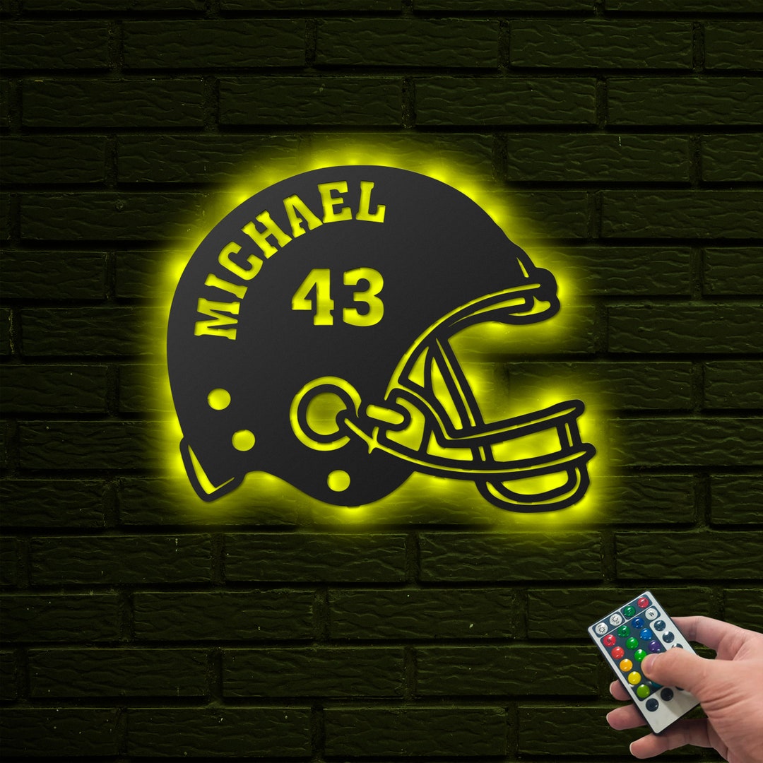 Football Metal Wall Art With LED, Custom Football Helmet Monogram Sign ...