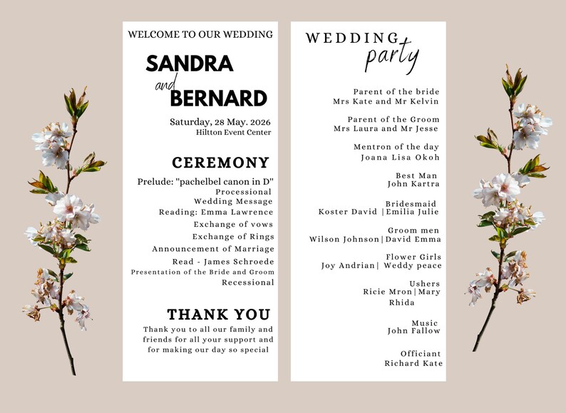 Wedding Program Template, Modern Calligraphy, Modern Wedding Ceremony ...