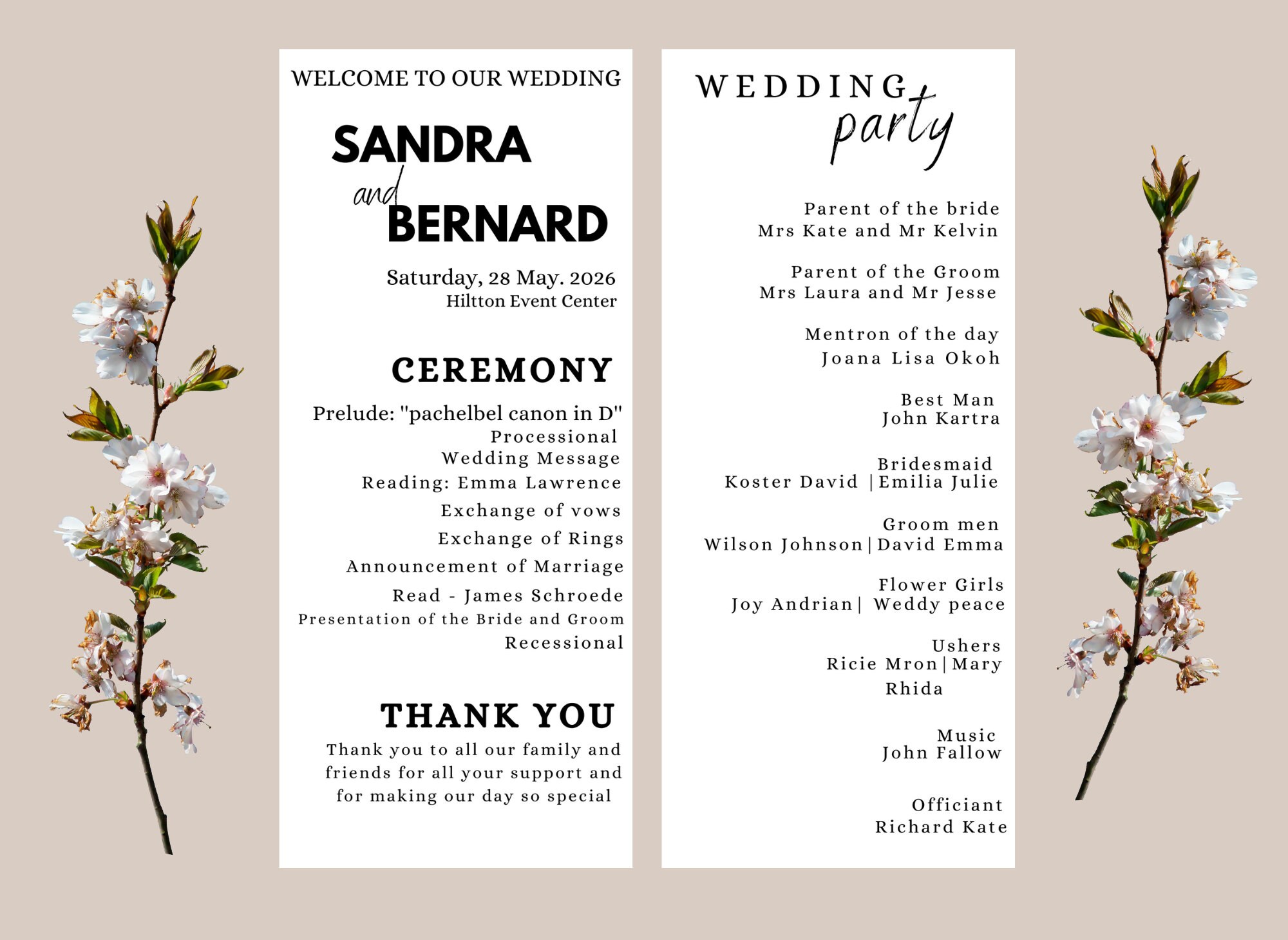 Wedding Program Template, Modern Calligraphy, Modern Wedding Ceremony ...