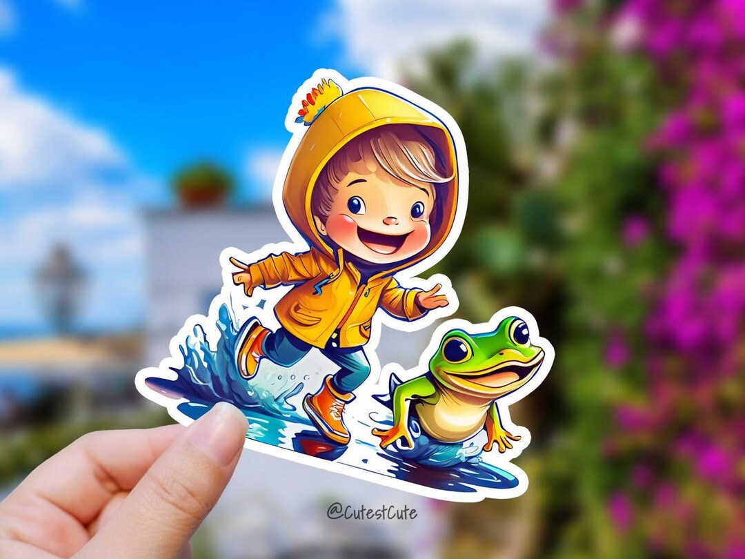 Cute Frog Sticker Vinyl, Jumping Puddle, Funny Frog Sticker for Laptop ...