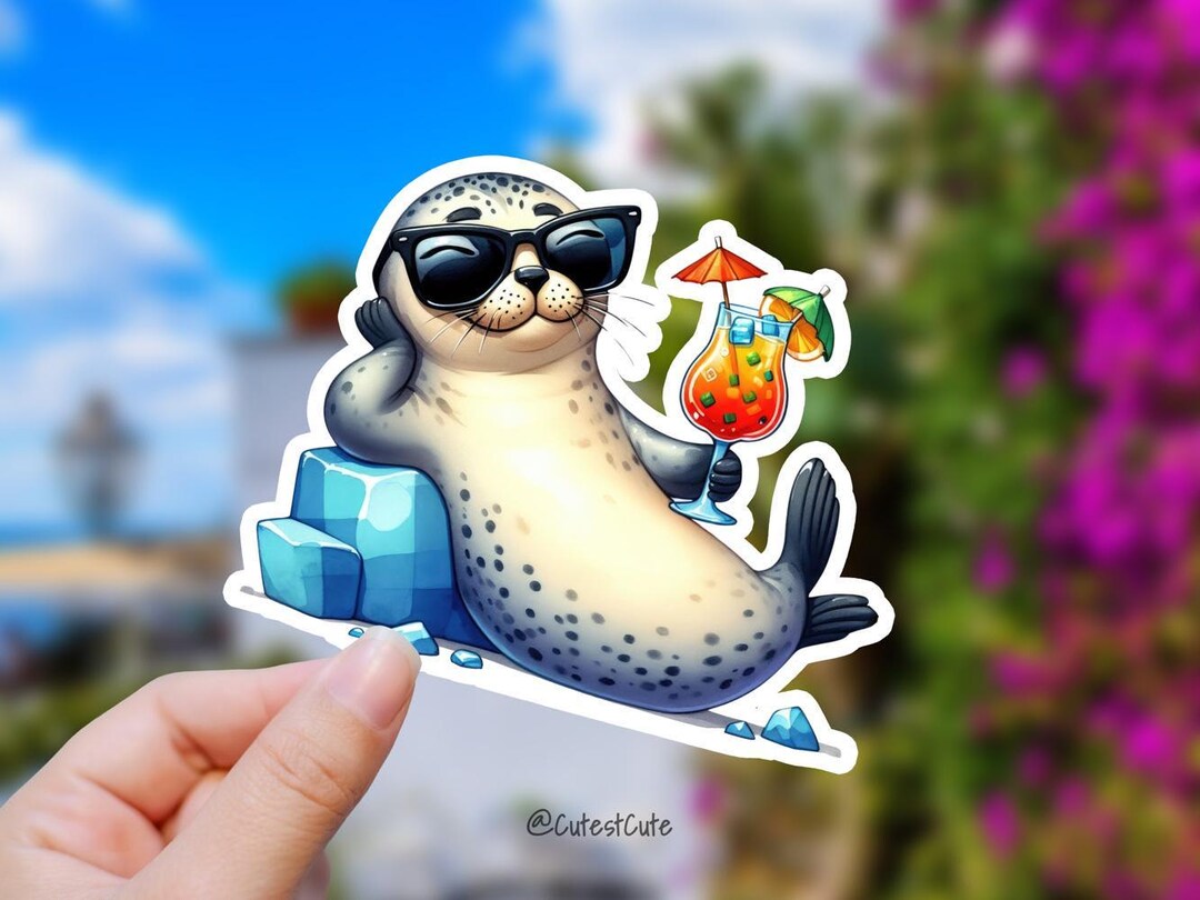 Cute Seal Sticker Vinyl, Chilling Drink, Funny Seal Sticker for Laptop Water Bottle Phone Car ...