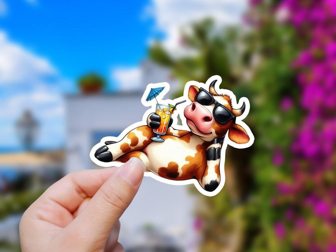 Cute Cow Sticker Vinyl, Chilling Drink, Funny Cow Sticker for Laptop ...