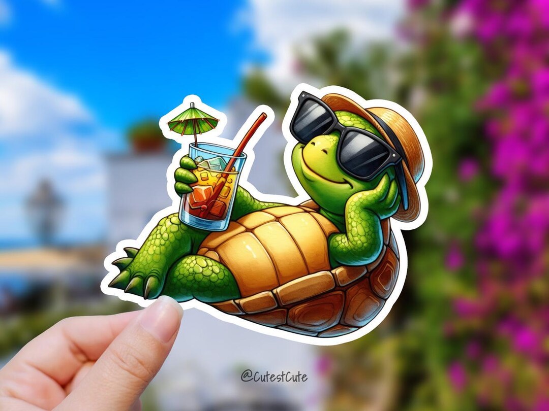 Cute Turtle Sticker Vinyl, Chilling Drink, Funny Turtle Sticker for ...