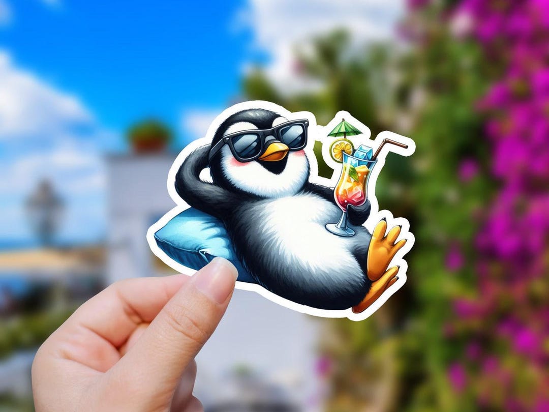Cute Funny Penguin Chilling With A Drink, Sticker Glossy Vinyl 2, 3, 4 ...