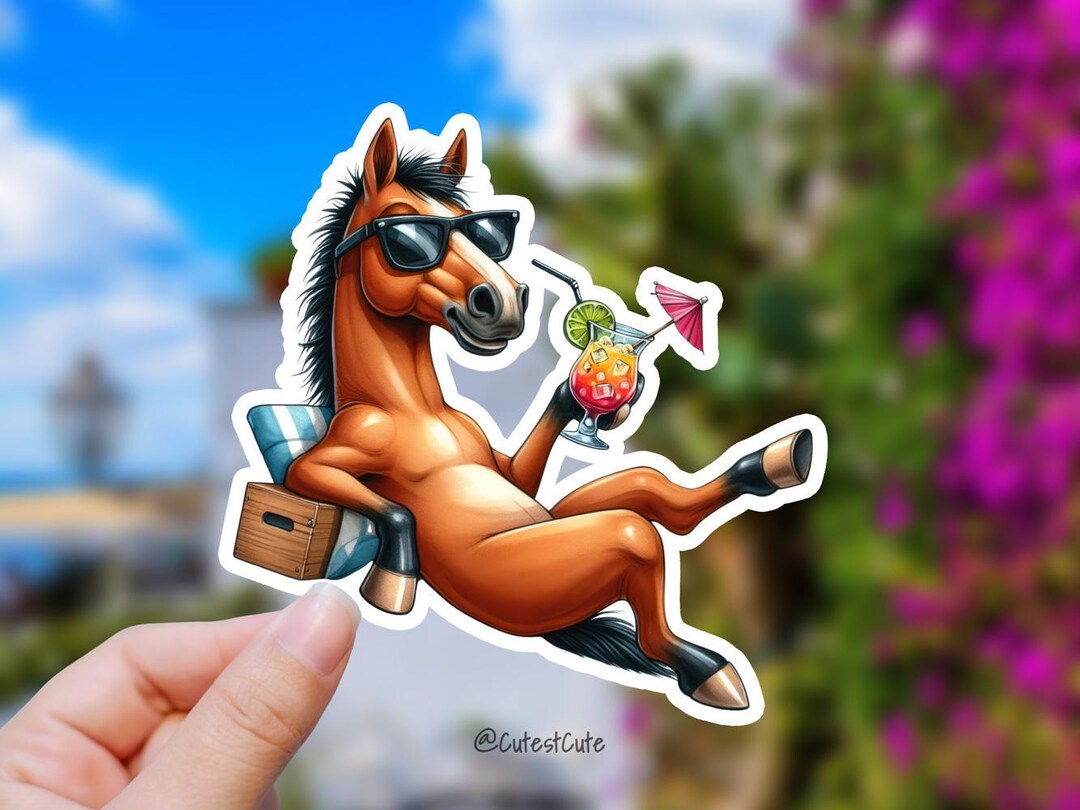 Cute Horse Sticker Vinyl, Chilling Drink, Funny Horse Sticker for ...