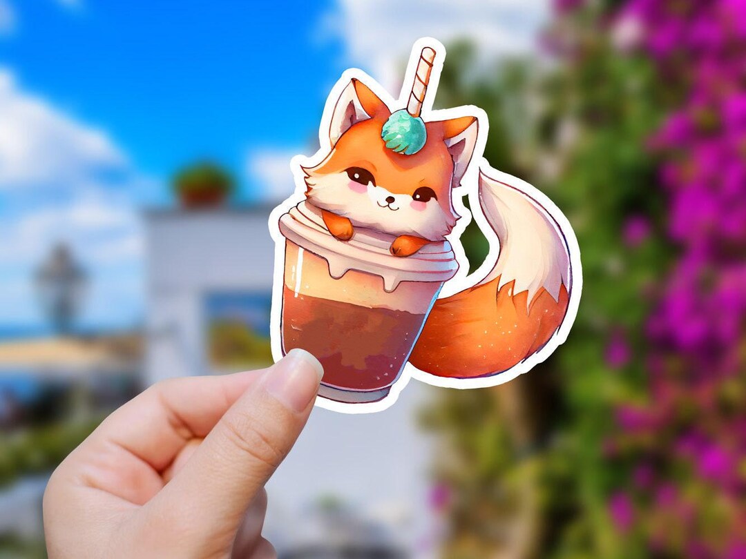 Cute Fox Hanging on Boba Cup, Sticker Glossy Vinyl 2, 3, 4, 5, 6 Inch ...