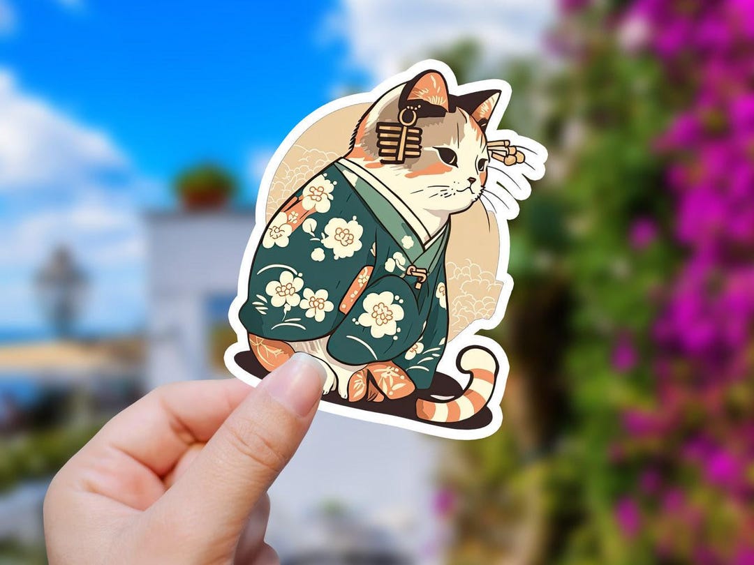 Cute Cat Wearing Green Traditional Asian, Sticker Glossy Vinyl 2, 3, 4 ...
