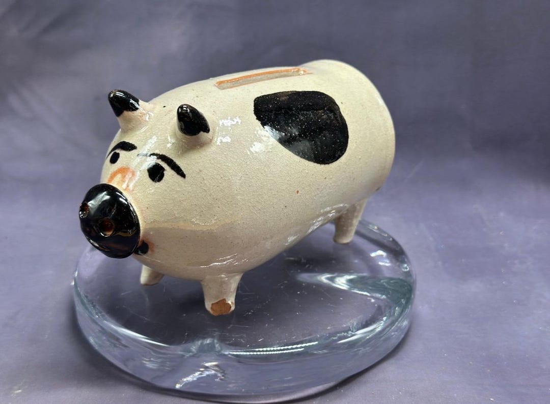 Folk Art Pottery Pig Piggy Bank Pottery Stoneware Pig Swine Black Spots ...