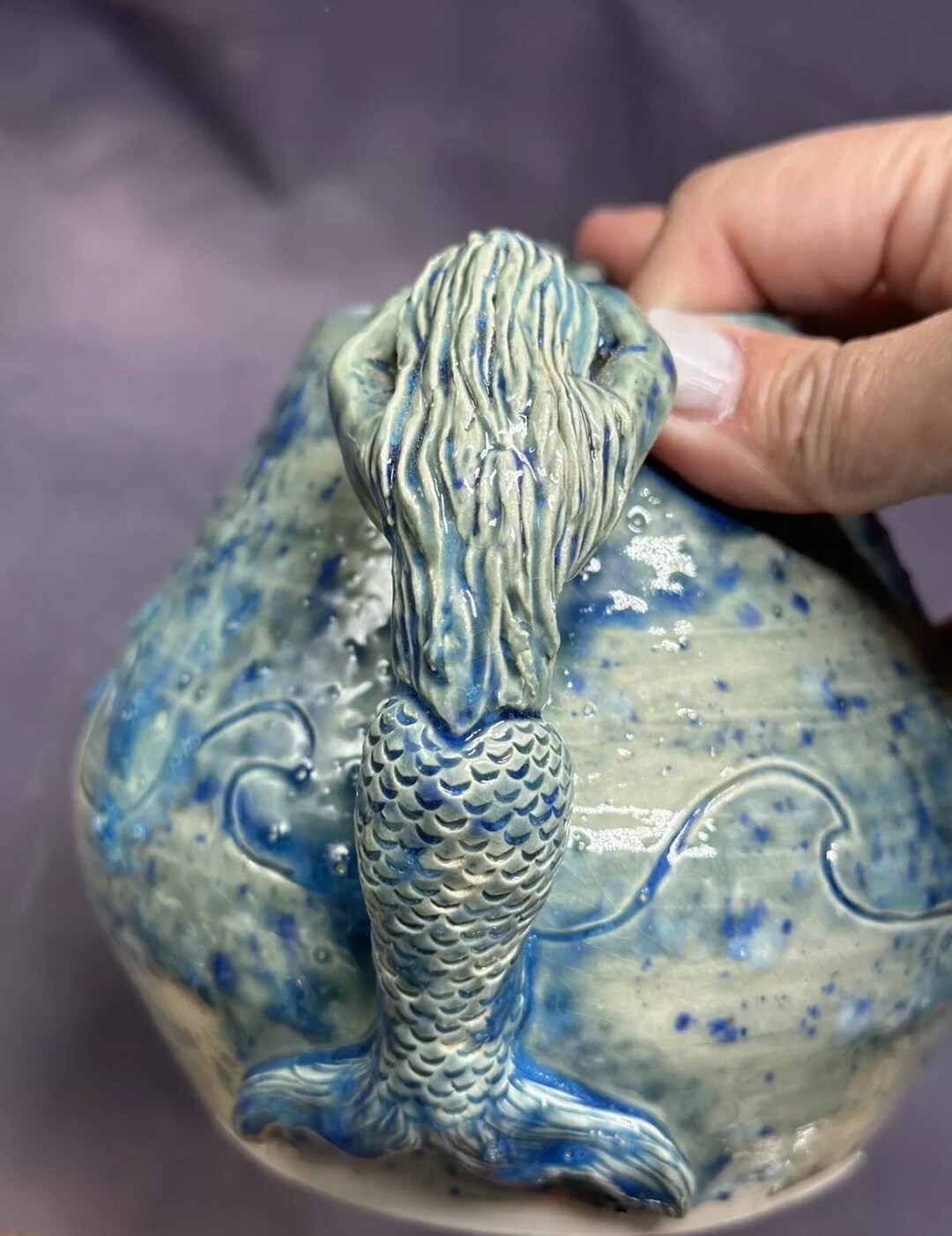 Mermaid Art Pottery Handles Pot Signed Ocean Bubbles Water Fish Scales ...