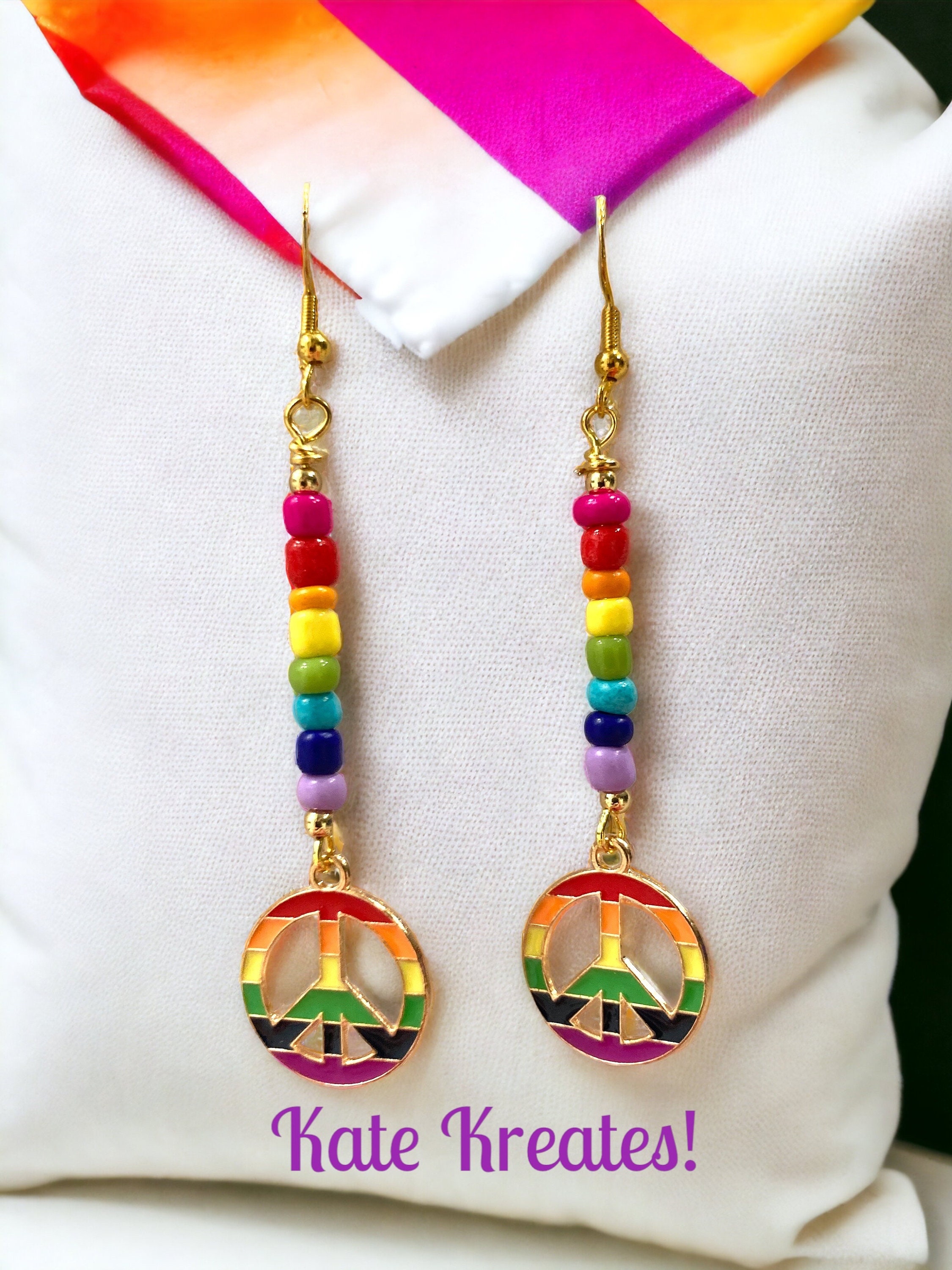 Lgbtq Pride Drop Earrings Rainbow Colors Seed Beads Hand Made Gold