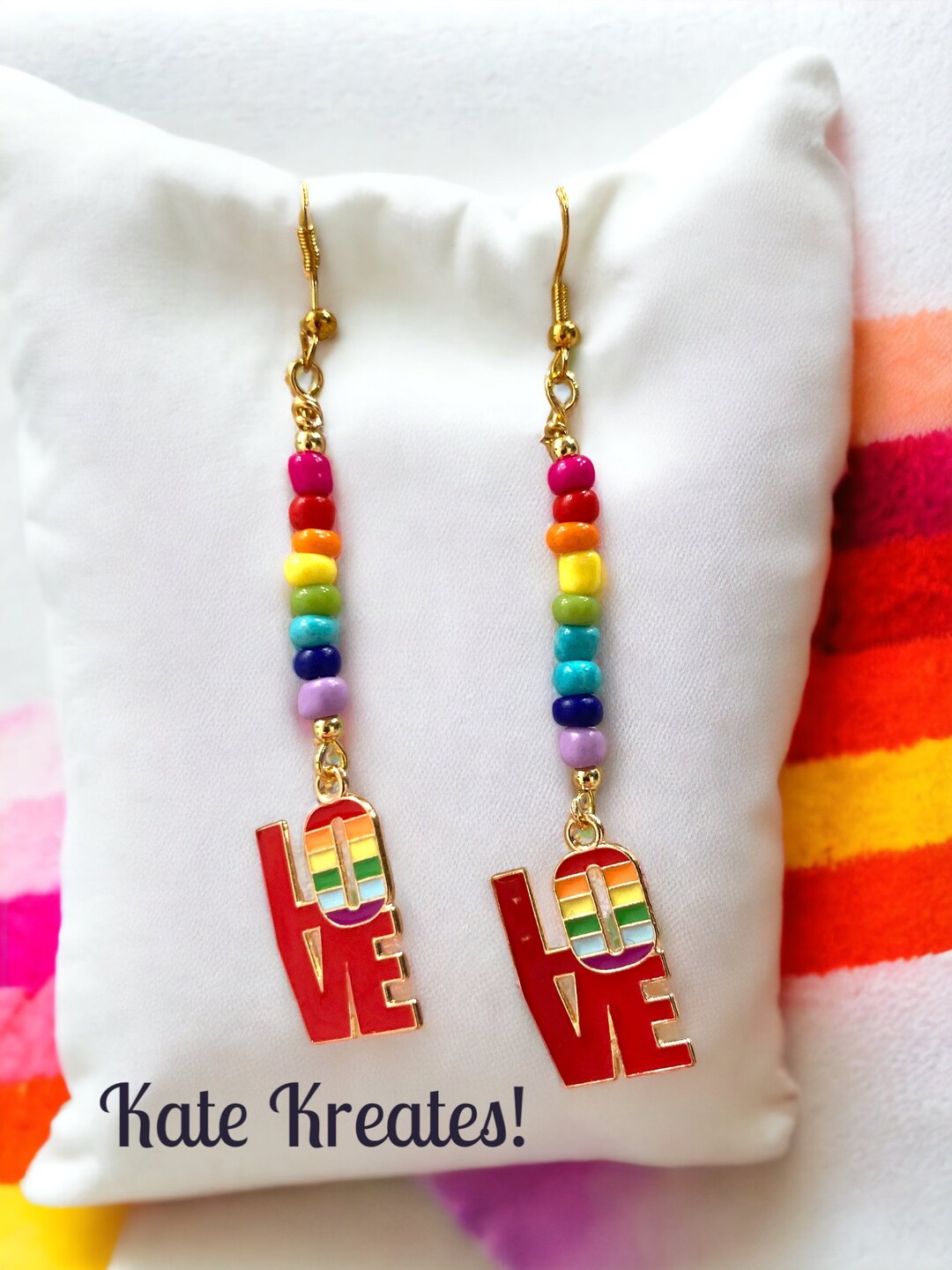 Lgbtq Pride Drop Earrings Rainbow Colors Seed Beads Hand Made Gold