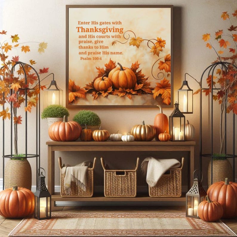 Thanksgiving Psalms 100:4 Wall Art Autumn Pumpkin Bible Verse Decor ...
