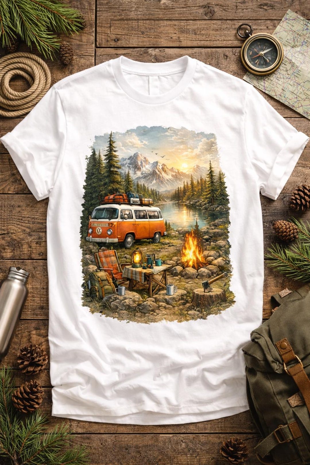 Vintage Camper Van Camping Art, Retro Nature Illustration, Outdoor ...