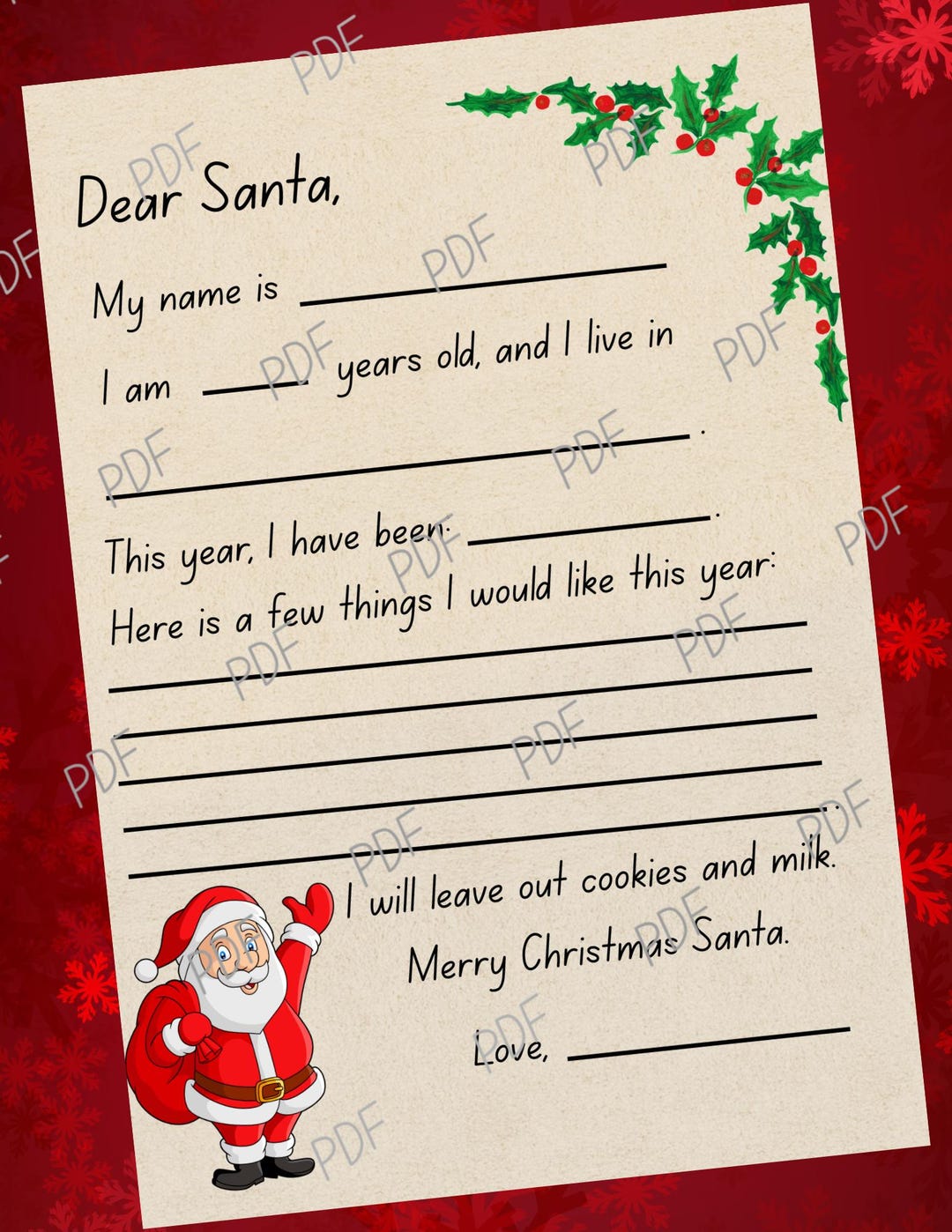 Printable Dear Santa Letter Template | Kids Christmas Wish List (PDF ...
