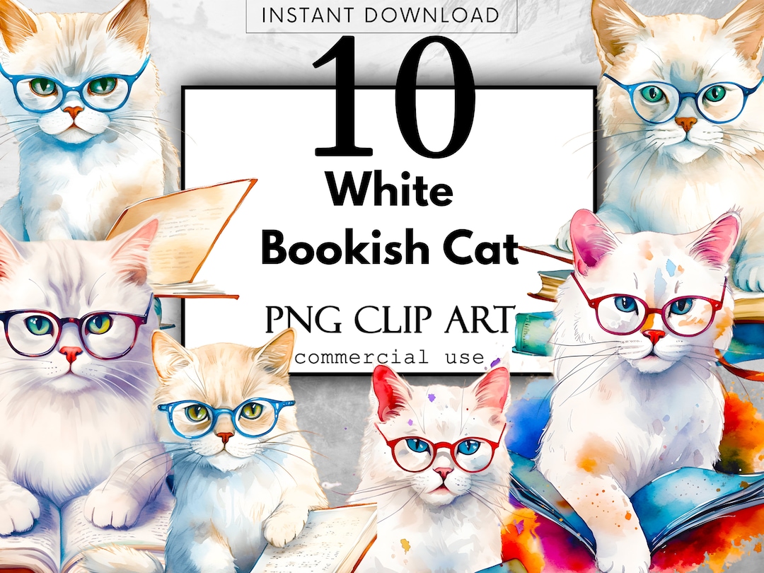 White Cat Reading Book Clipart Bundle, Cute Watercolor Kittens, Cats in ...