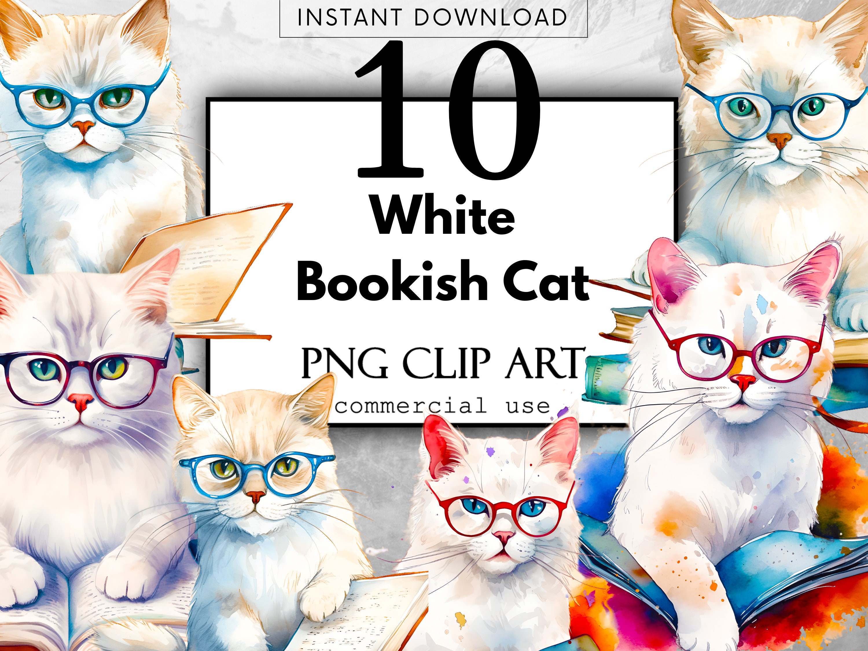 White Cat Reading Book Clipart Bundle, Cute Watercolor Kittens, Cats in ...
