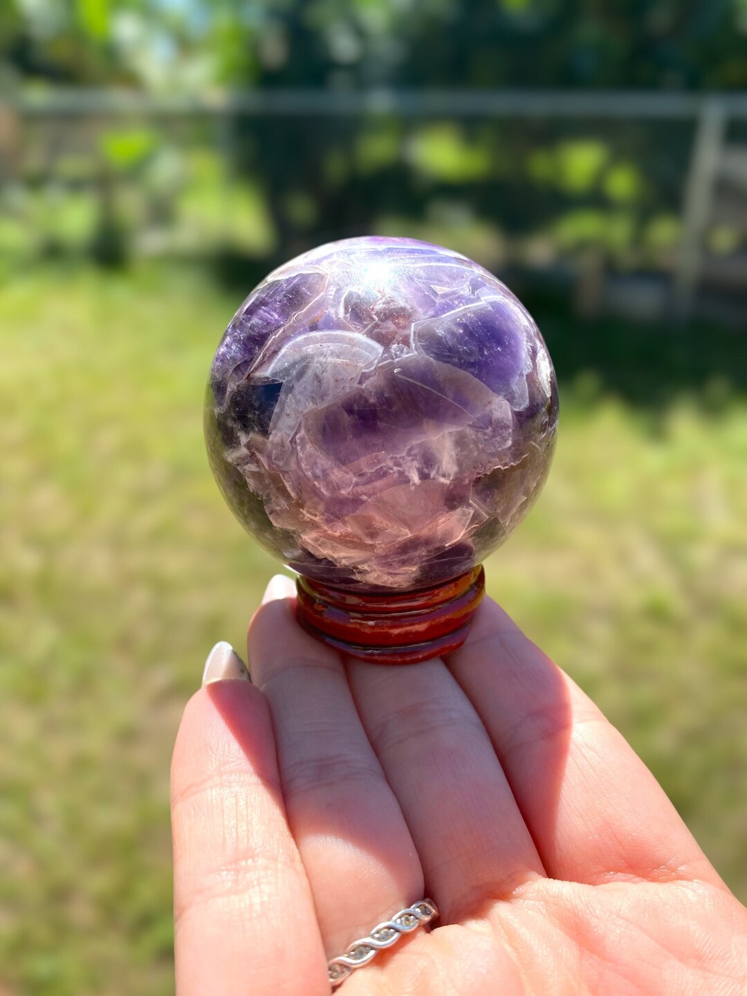 60mm Dream Amethyst Crystal Sphere on Wooden Base Deep Purple Healing ...