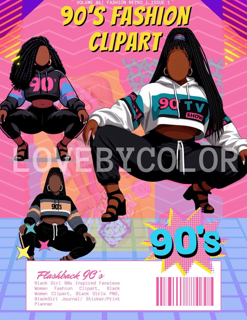 Black Girl 90s Inspired Faceless Woman Fashion Clipart, Black Women ...