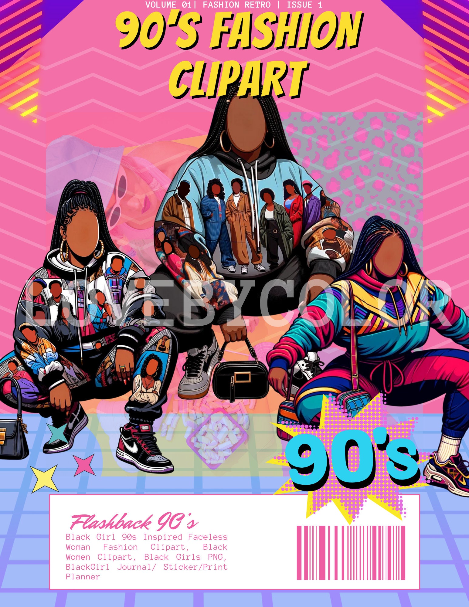 Black Girl 90s Inspired Faceless Woman Fashion Clipart, Black Women ...