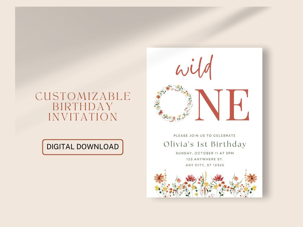 First Birthday Invitation | Wildflower Birthday Theme | Wild One - Etsy