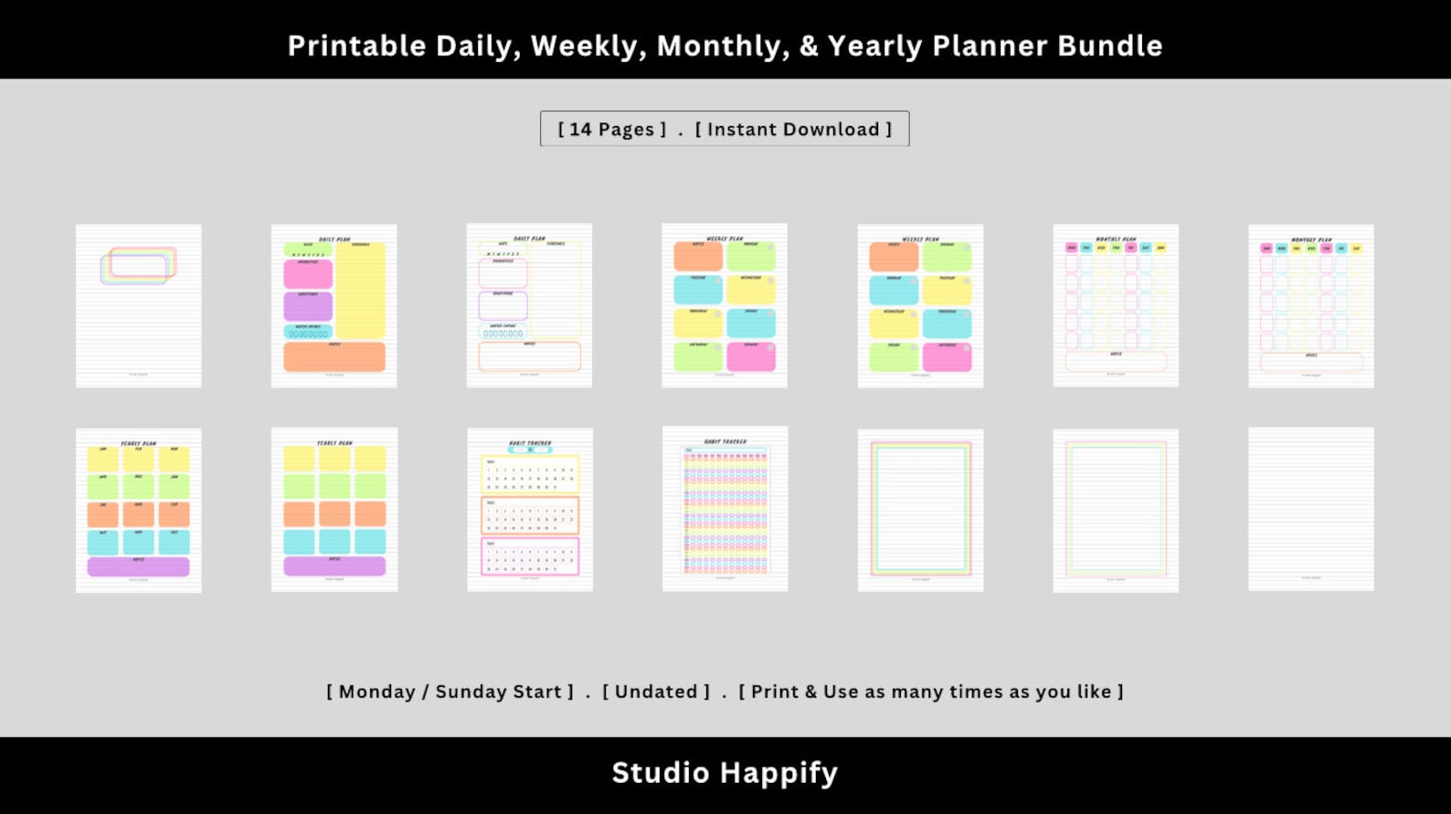 Colorful Neon Planner, Printable Daily, Weekly, Monthly, & Yearly ...