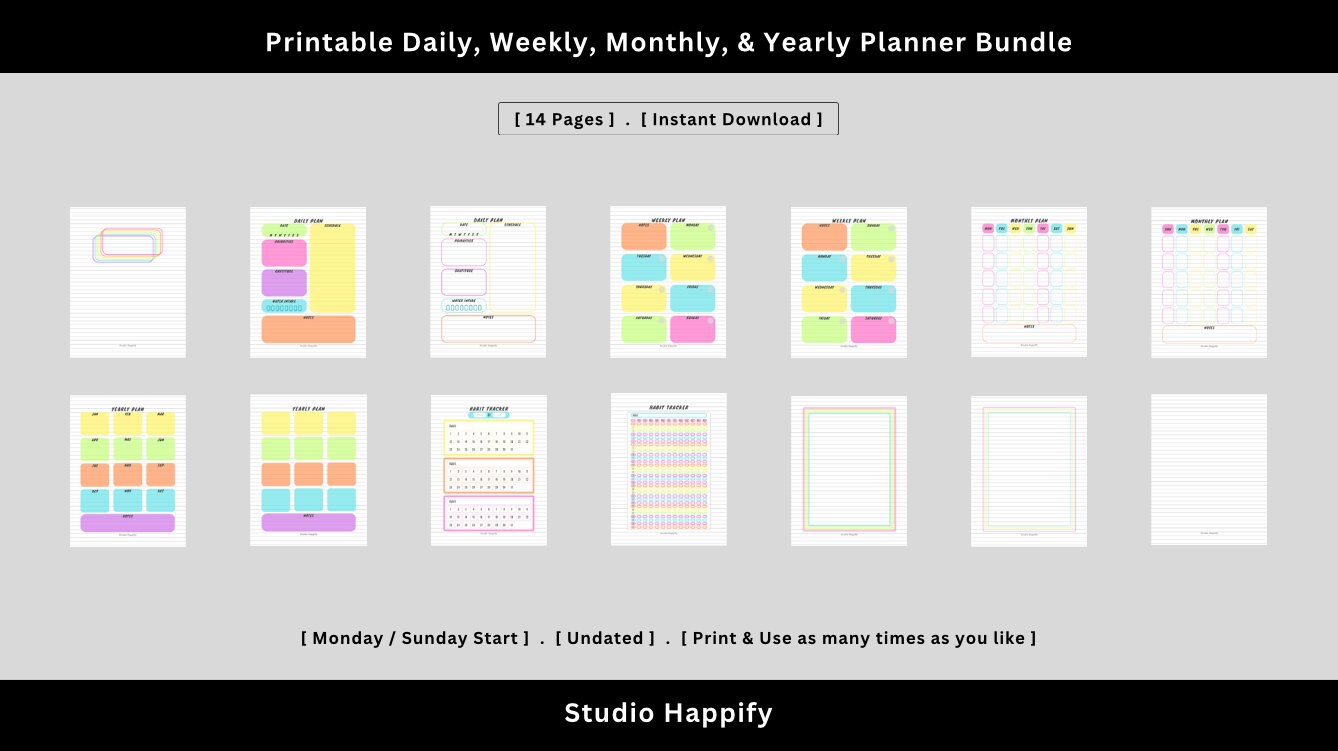 Colorful Neon Planner, Printable Daily, Weekly, Monthly, & Yearly ...